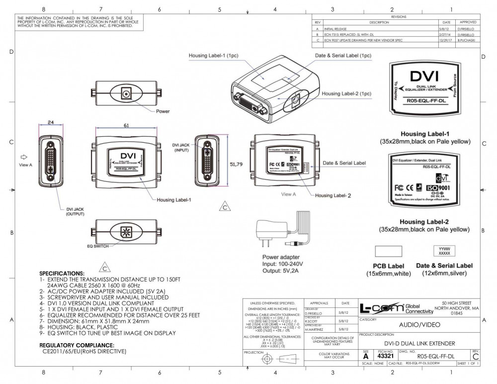 L-com R05-EQL-FF-DL technical drawing and specification image