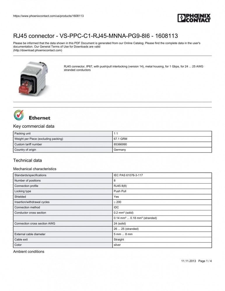 Phoenix Contact 1608113 technical document page 1
