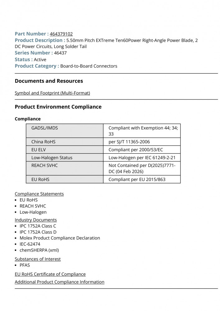 MOLEX 464379102 technical document preview, page 1