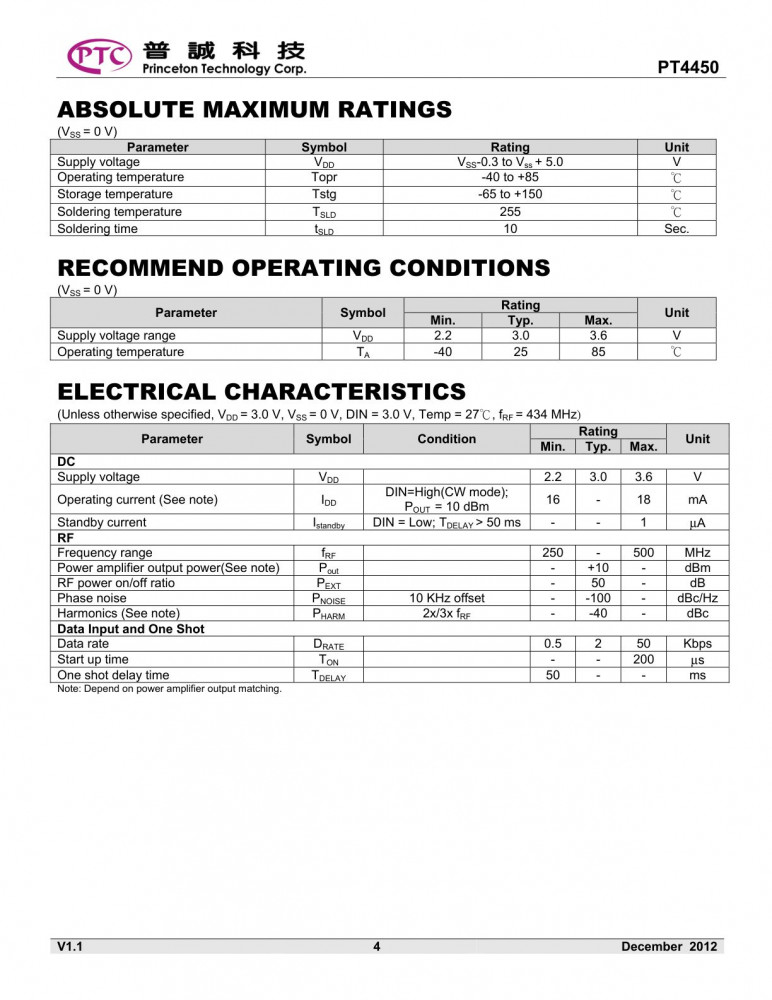 PT4450 datasheet page 4