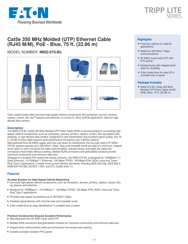 EATON N002-075-BL technical document page 1
