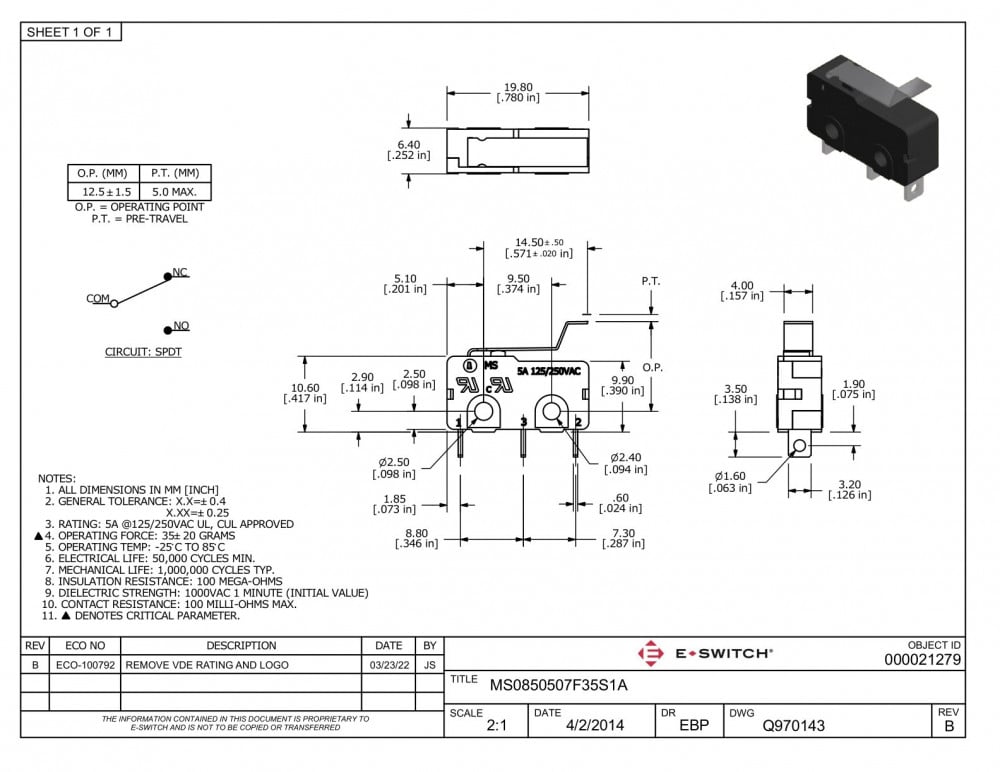 E-Switch MS0850507F35S1A technical drawing