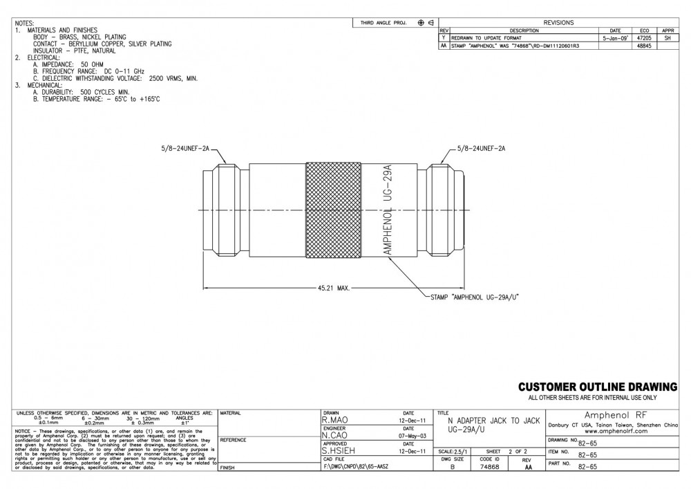 Amphenol 082-65 technical drawing page