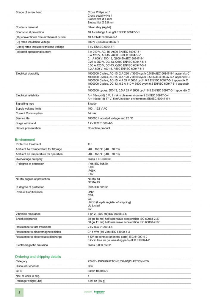 XB5AW33G5 technical document page 2