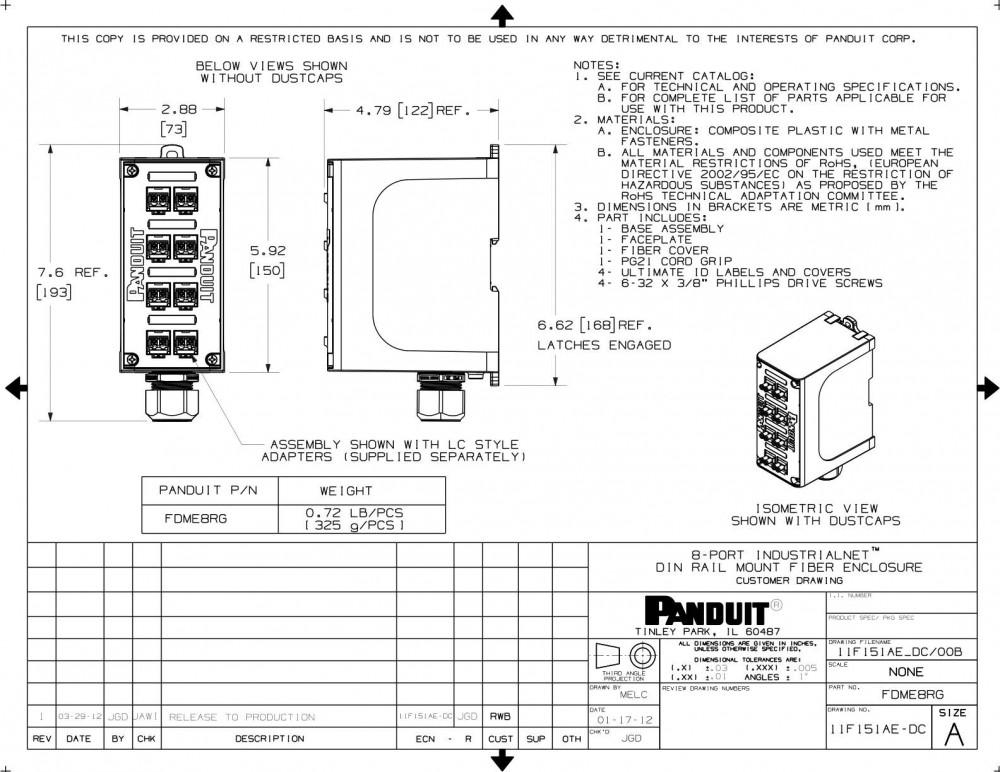 FDME8RG 8-port IndustrialNet DIN-rail fiber enclosure customer drawing