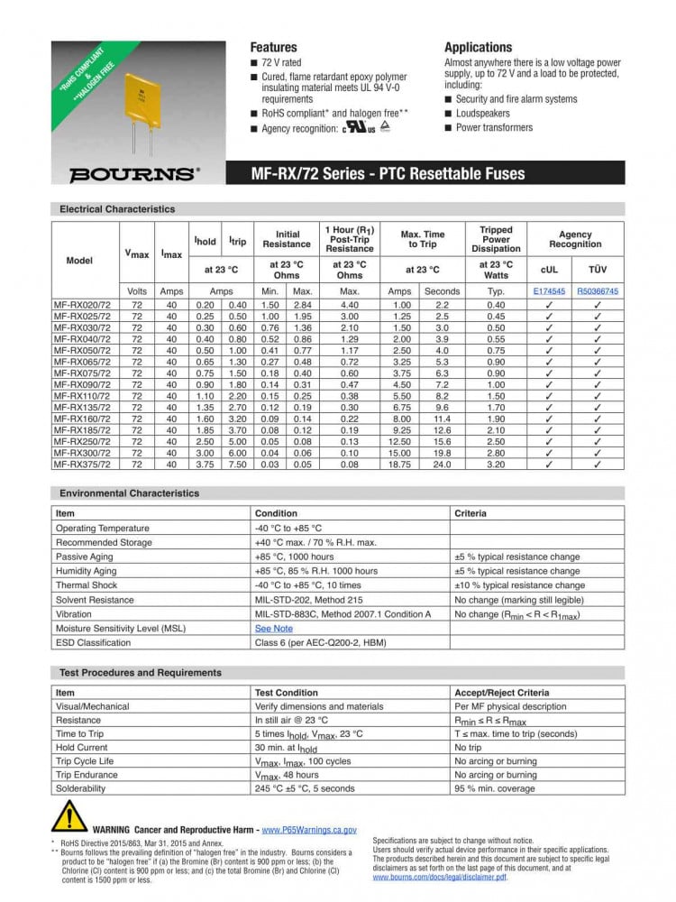BOURNS MF-RX/72 datasheet page 1