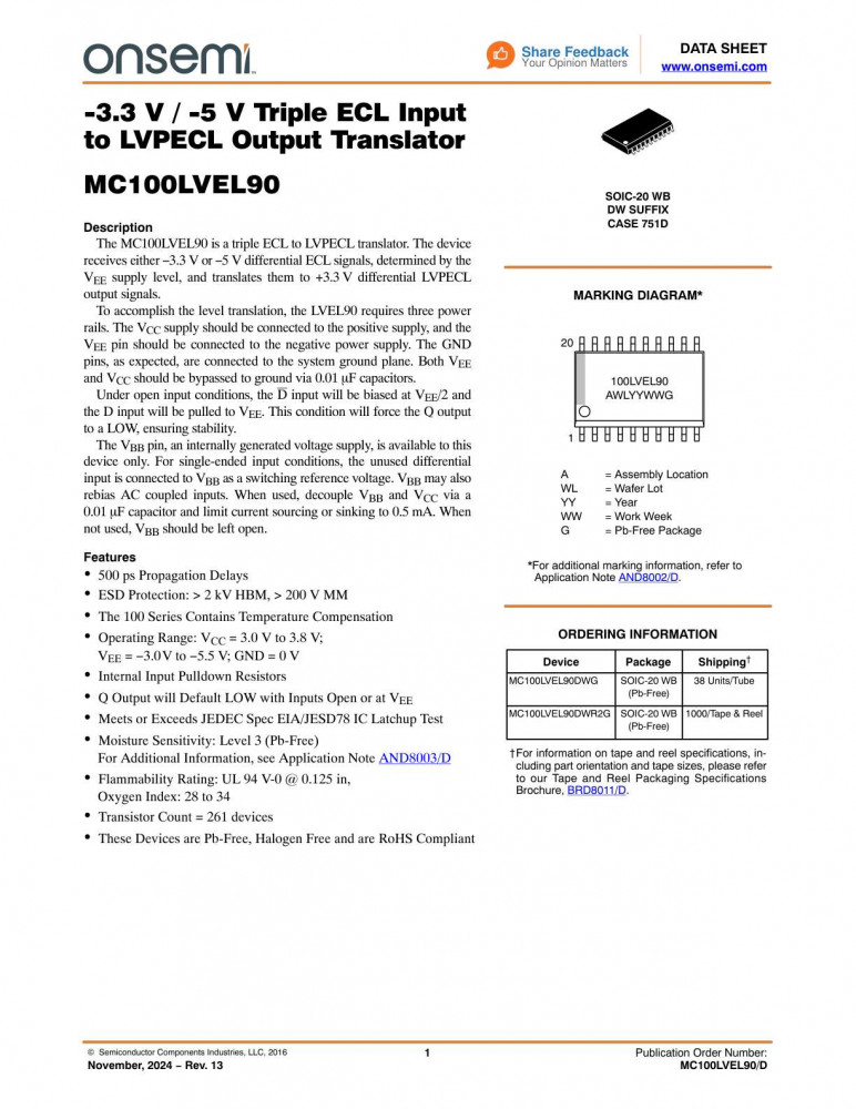 MC100LVEL90 datasheet page 1