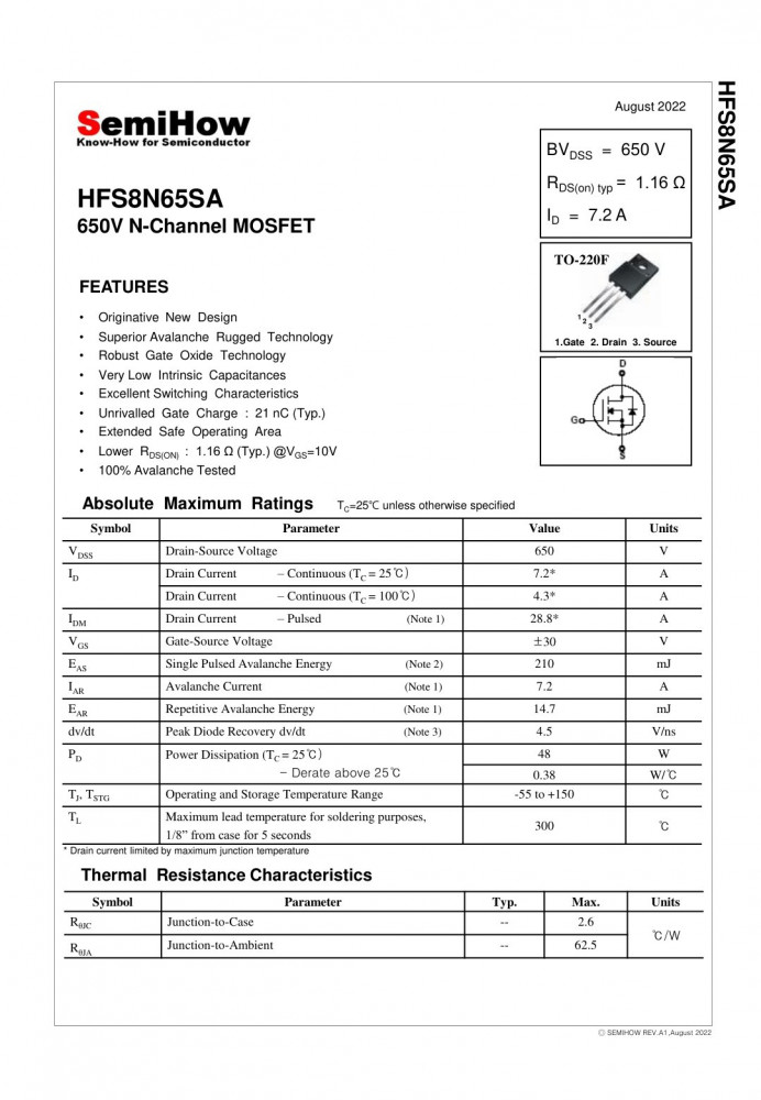 HFS8N65SA datasheet page 1