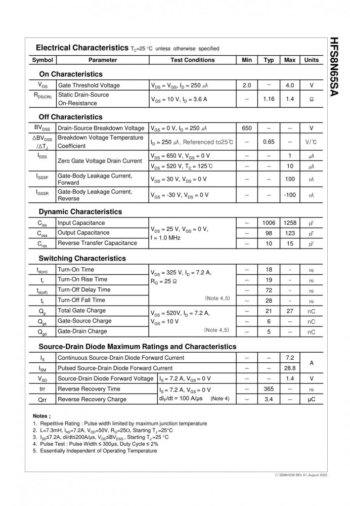 HFS8N65SA datasheet page 2