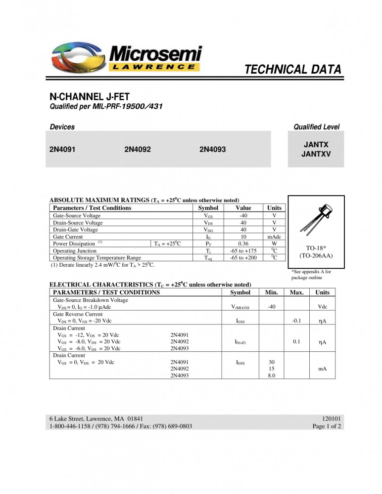 2N4091 family datasheet page image 1