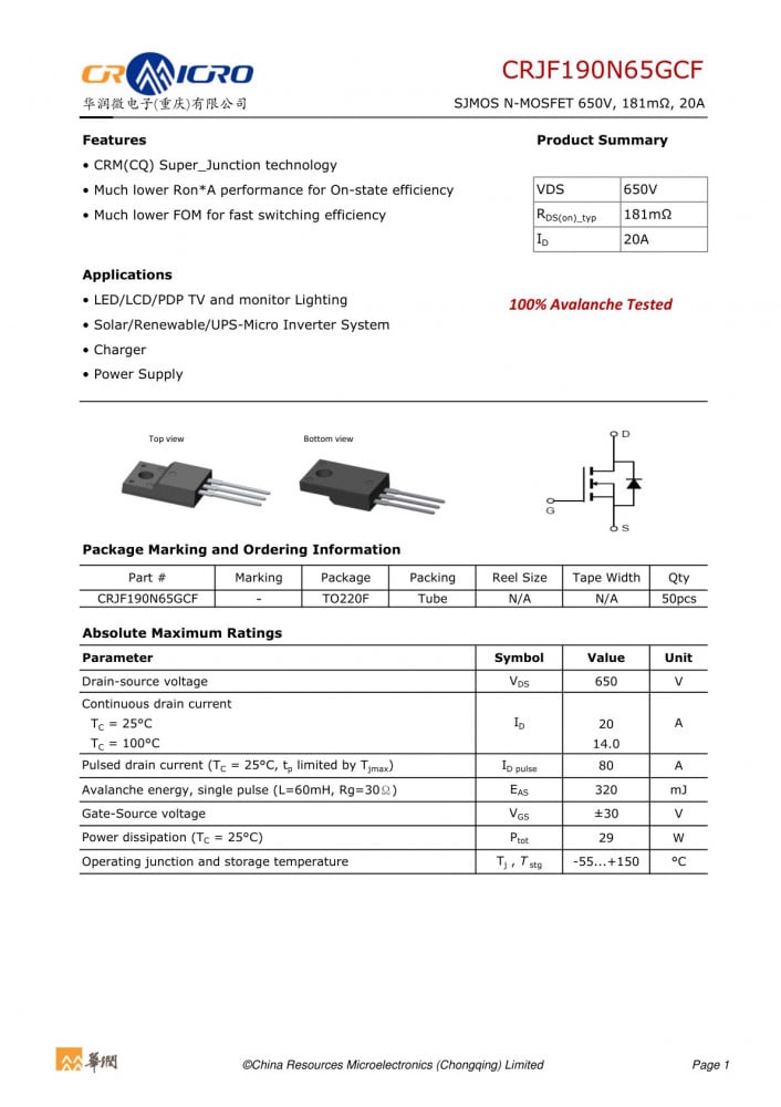 CRJF190N65GCF datasheet page 1