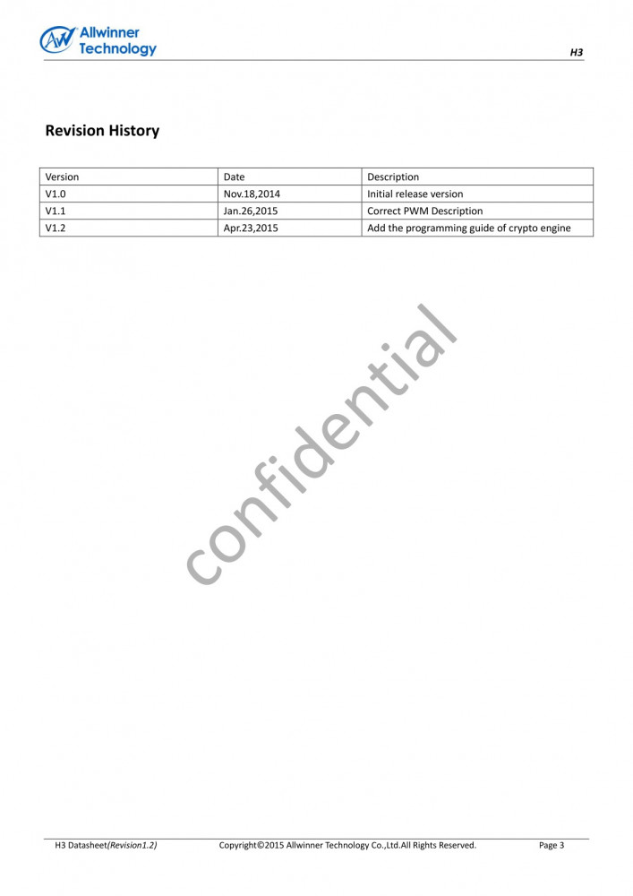 Allwinner H3 datasheet page 3