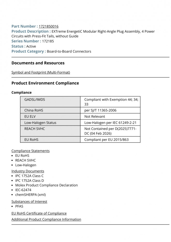 Product document image 1 for MOLEX 1721850016