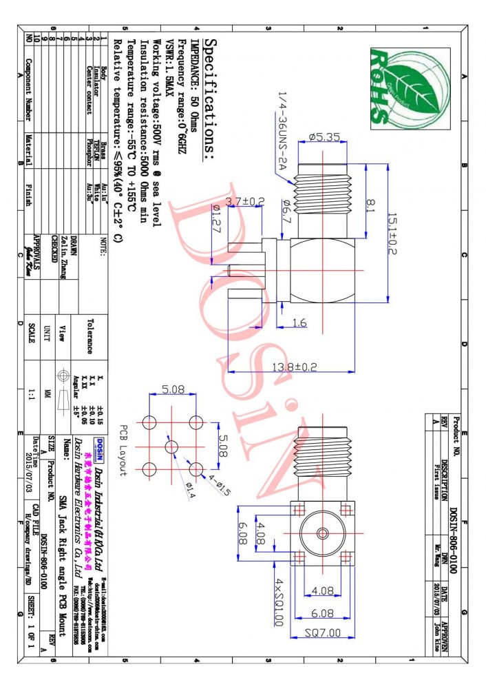 DOSIN-806-0100 SMA jack right-angle PCB mount drawing