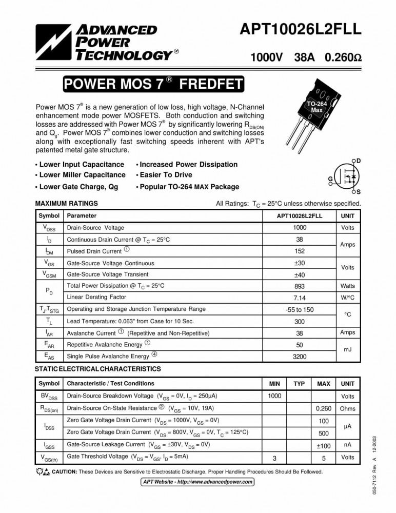 APT10026L2FLLG datasheet page 1