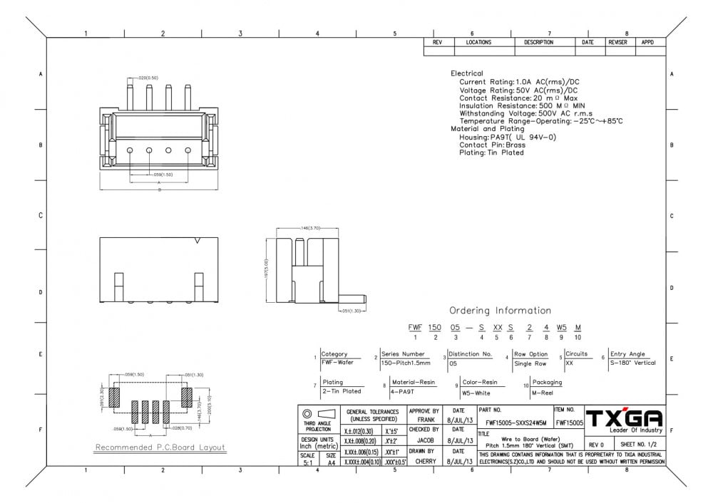 TXGA FWF15005-S02S24W5M technical drawing page 1