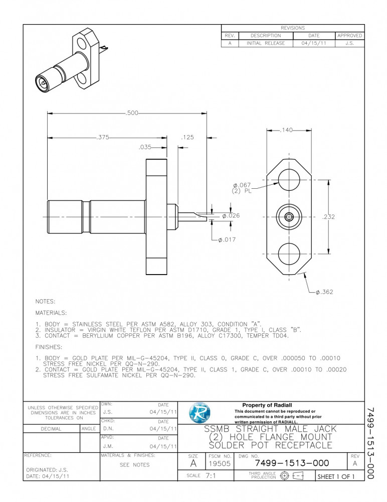 Radiall 7499-1513-000 product drawing preview