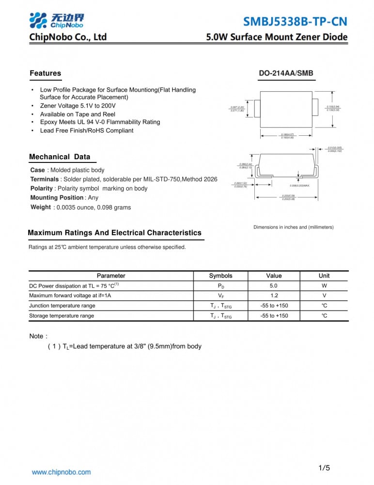 SMBJ5338B-TP-CN datasheet page 1