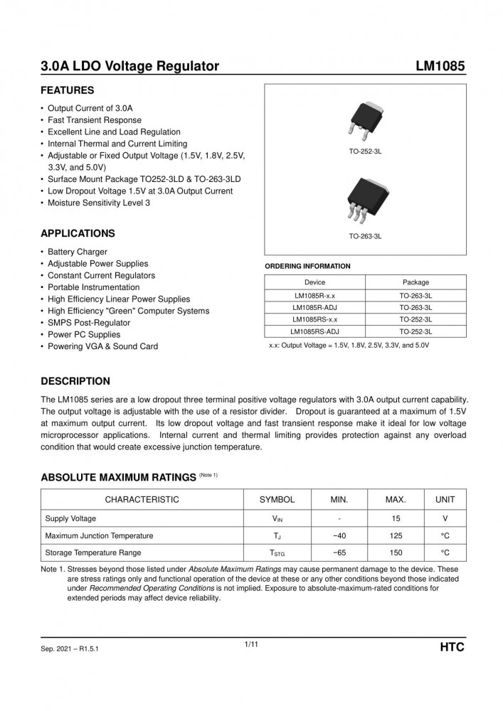 HTC LM1085RS-3.3 datasheet page 1