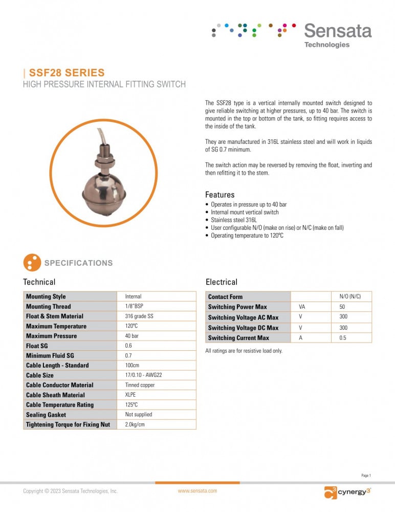 SSF28X100 technical documentation page 1