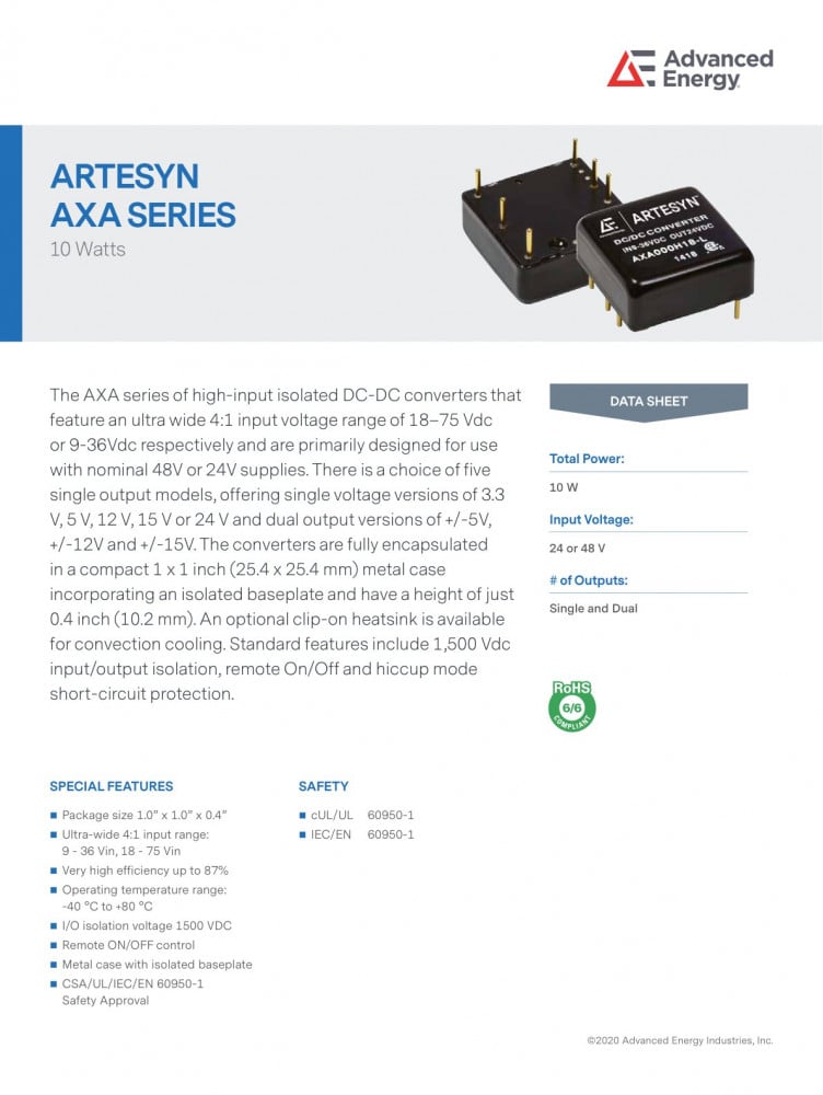 Artesyn AXA series datasheet page 1