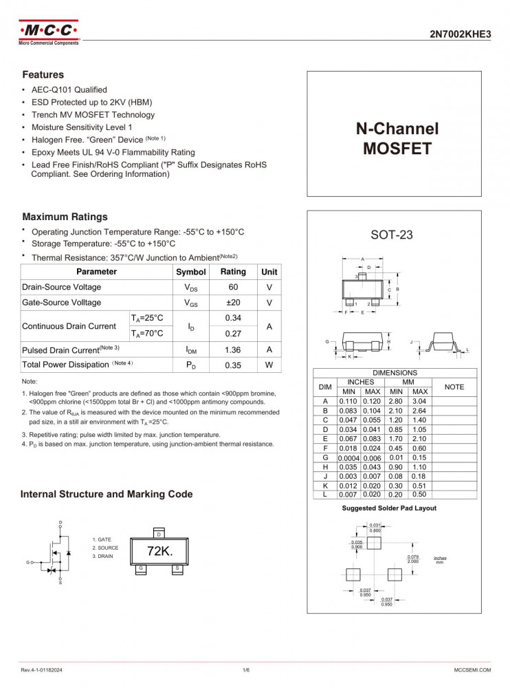 2N7002KHE3-TP datasheet page 1