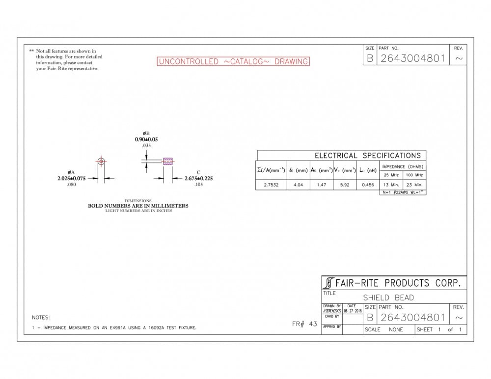 Fair-Rite 2643004801 technical document preview