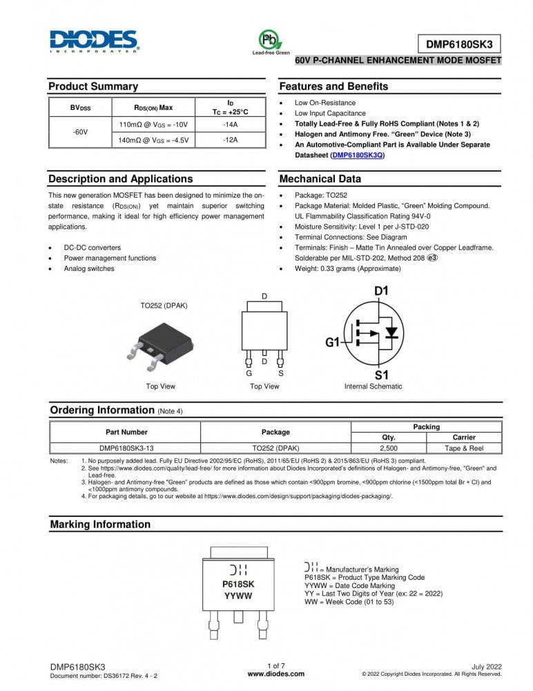 DMP6180SK3-13 datasheet page 1