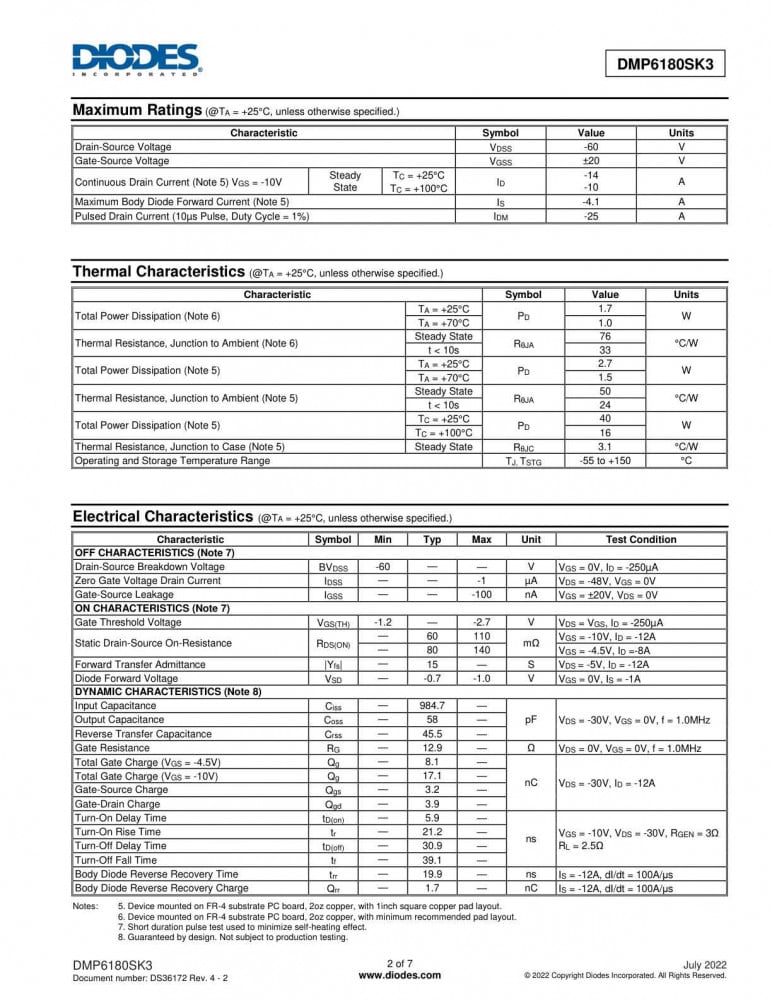 DMP6180SK3-13 datasheet page 2