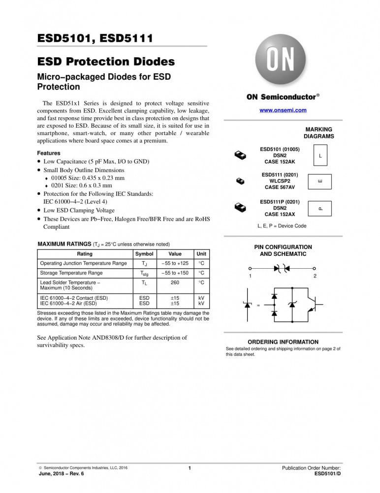 ESD5111PFCT5G technical document page 1