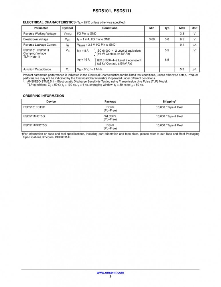 ESD5111PFCT5G technical document page 2