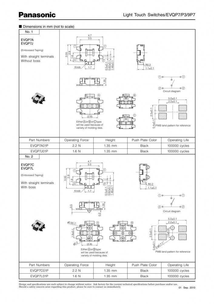 Panasonic EVQ9P701P specifications and dimensions