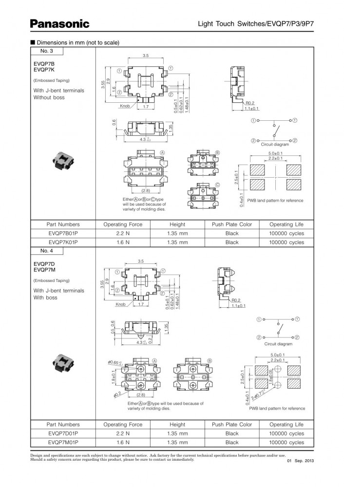 Panasonic EVQ9P701P soldering and taping information