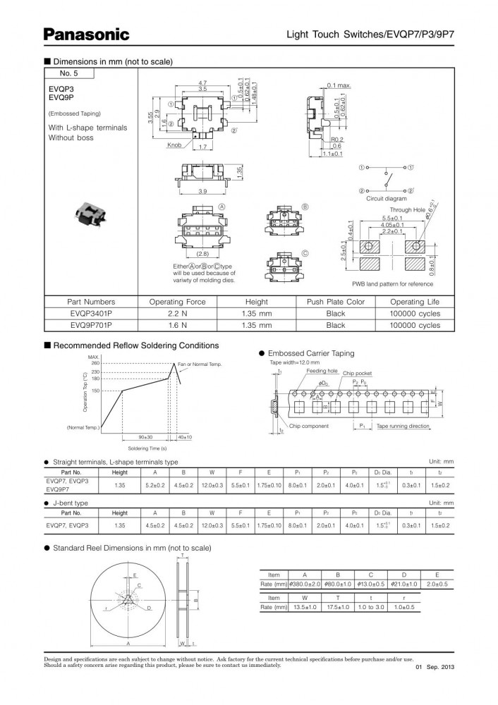 Panasonic EVQ9P701P reel dimensions