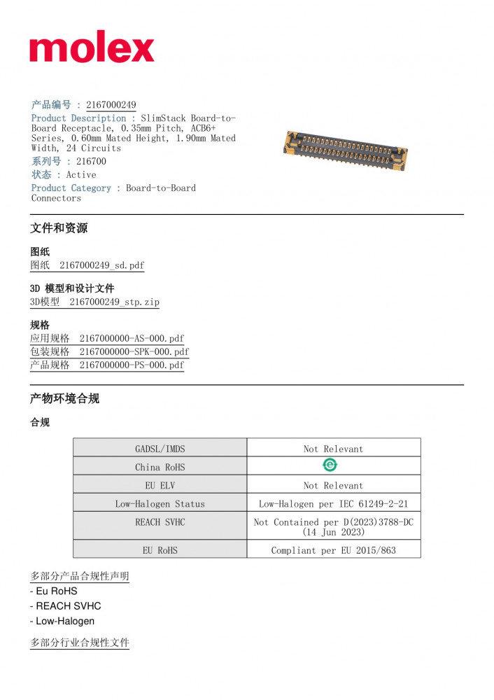 MOLEX 2167000249 technical document page 1