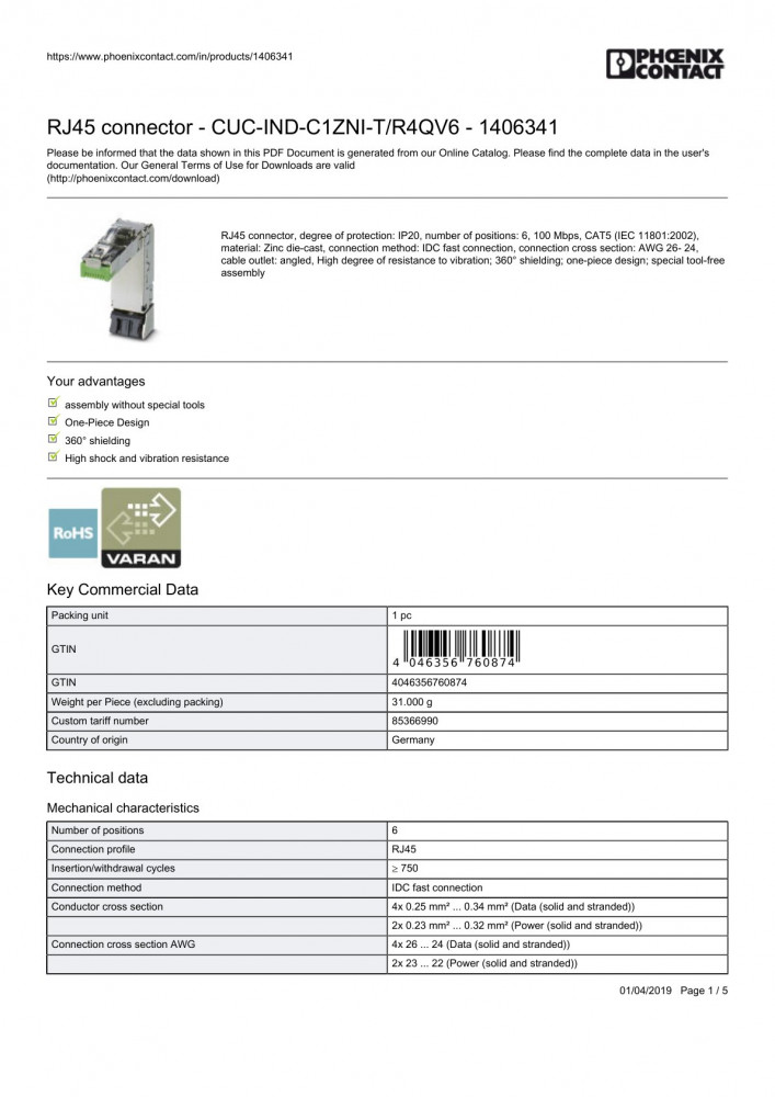 Phoenix Contact 1406341 technical document page 1