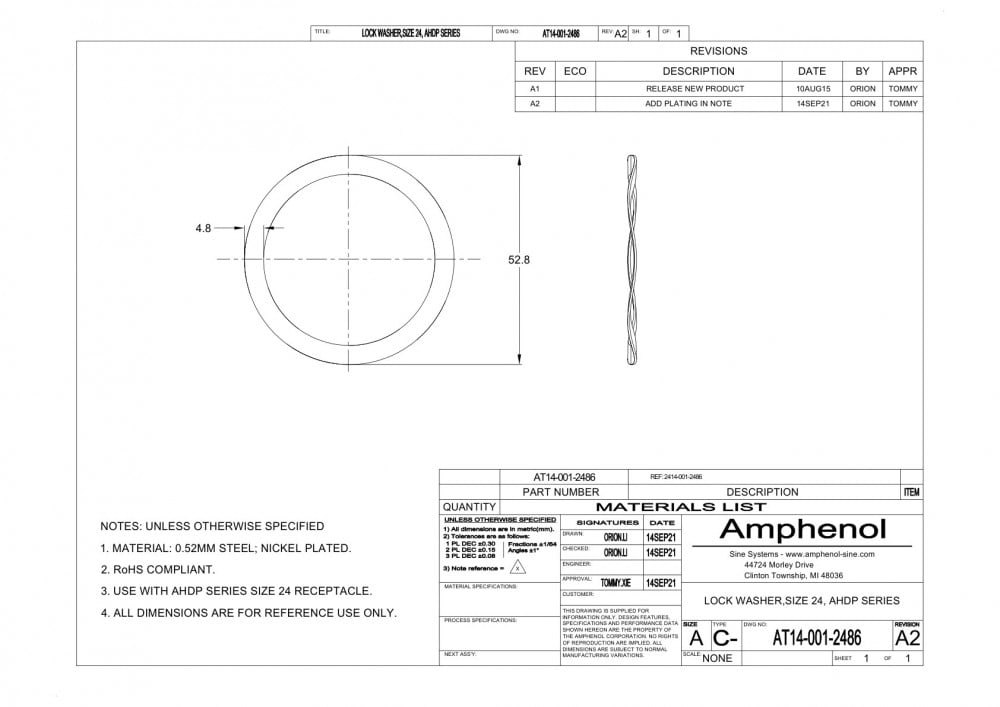 Amphenol AT14-001-2486 technical drawing page