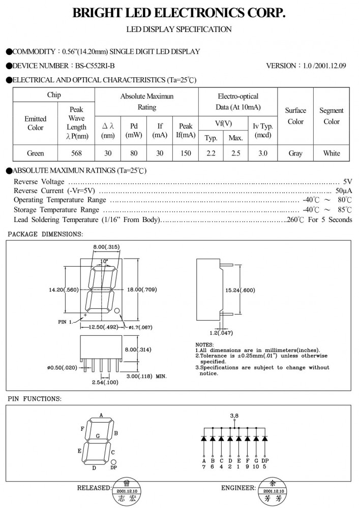 BS-C552RI LED display specification document image