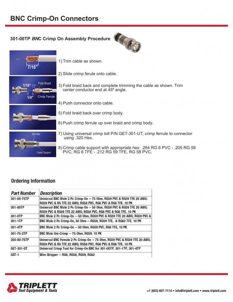 Technical document page 2 for Triplett BNC crimp-on connectors