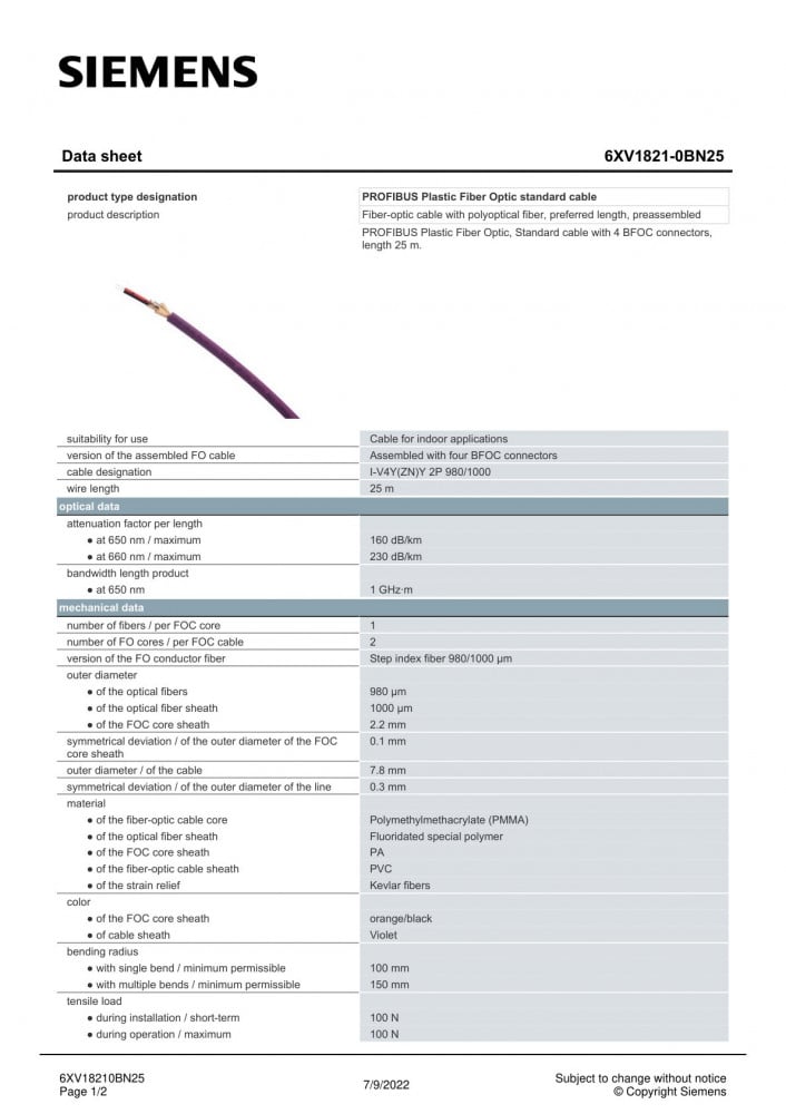 SIEMENS 6XV18210BN25 technical document page 1
