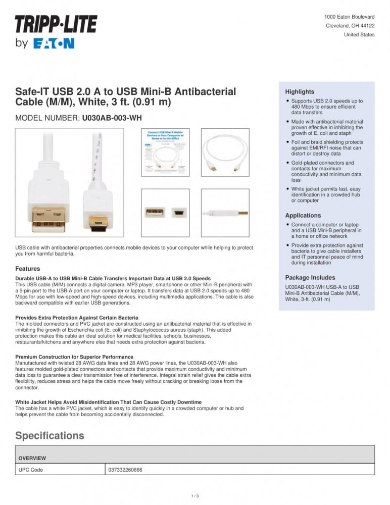 U030AB-003-WH technical document page 1