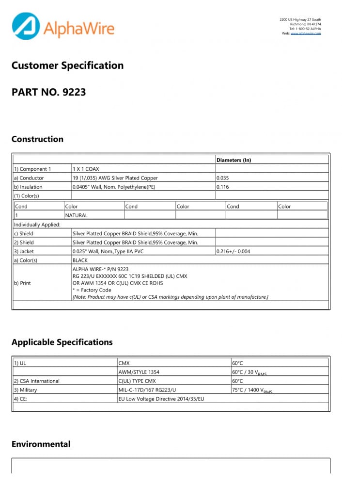 Alpha Wire 9223 BK001 technical document page 1