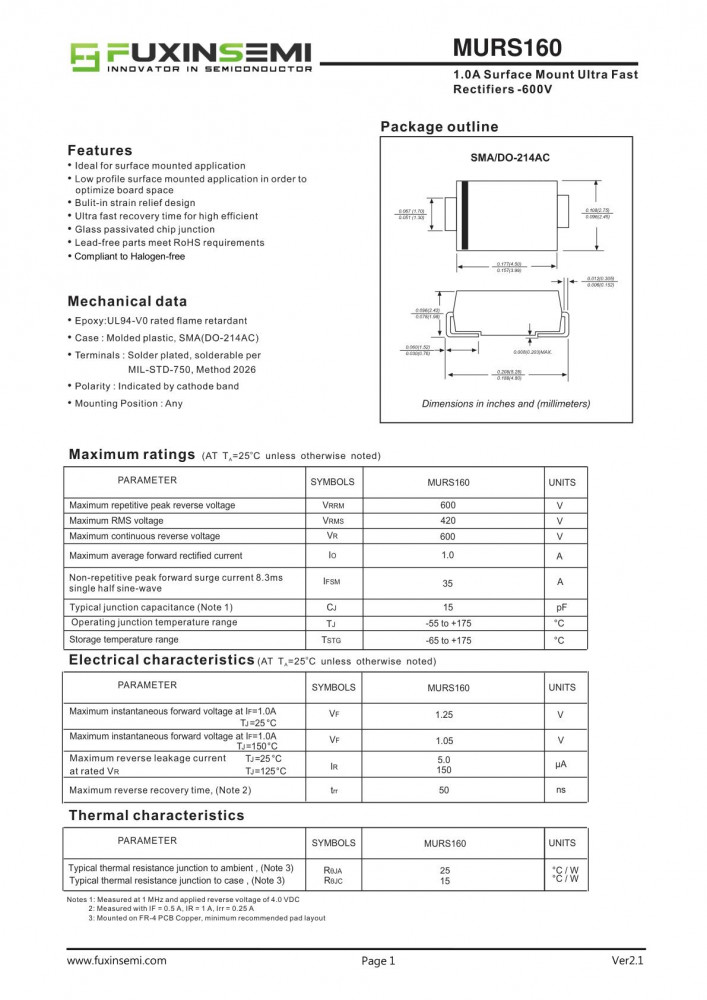 MURS160 datasheet page 1