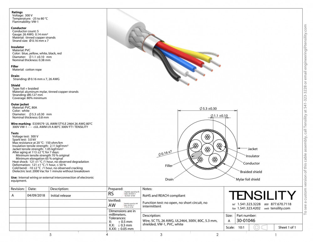 Tensility International 30-01046 product drawing and cable specification