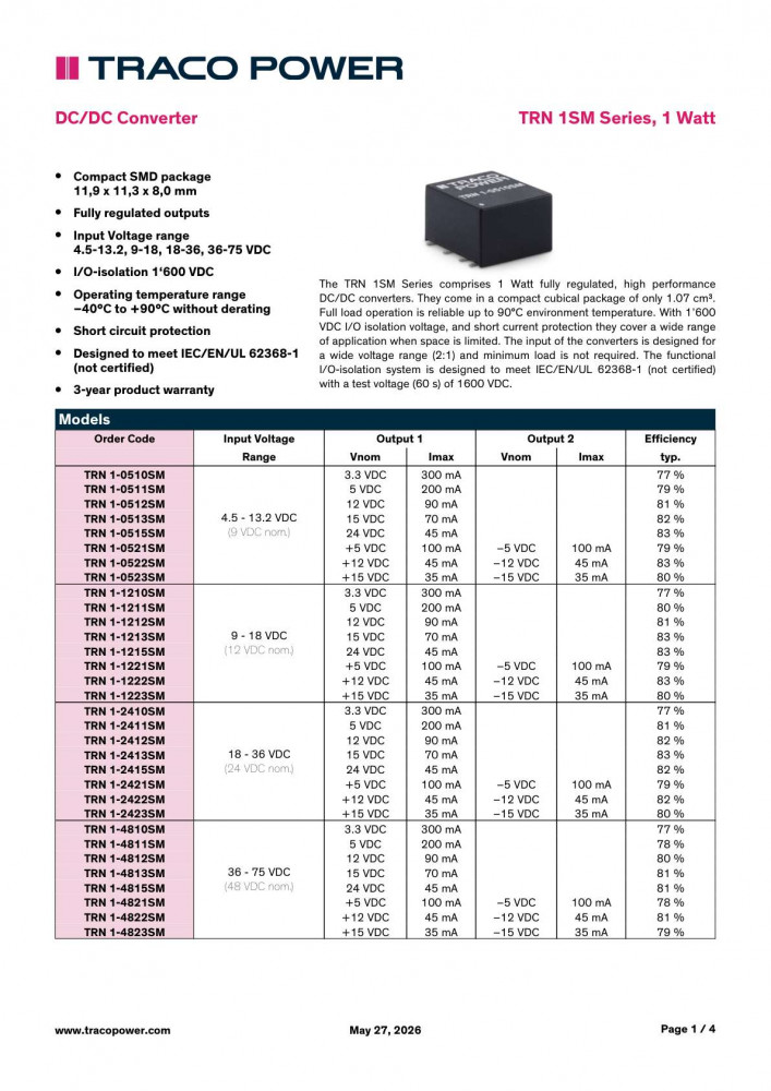 TRN 1SM Series technical document, page 1