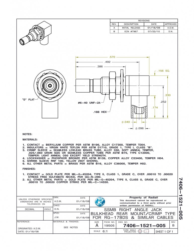 Radiall drawing for SSMB right-angle jack 7406-1521-005