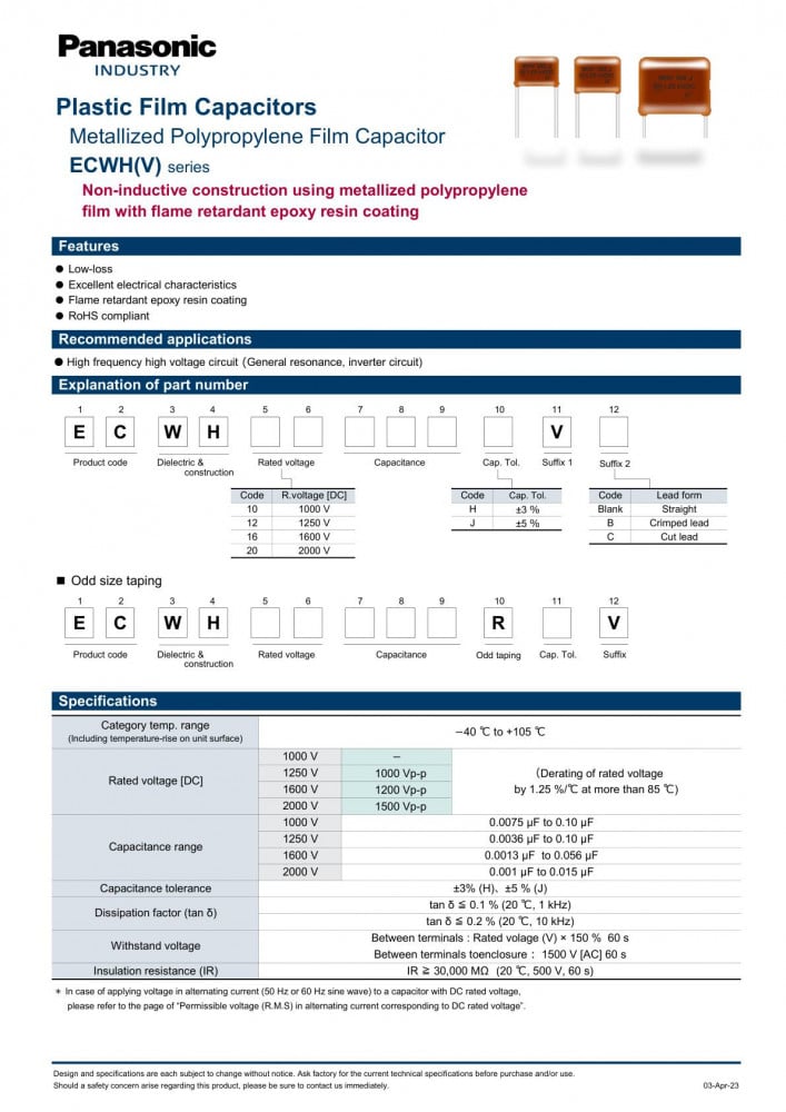Panasonic ECWH(V) datasheet page 1