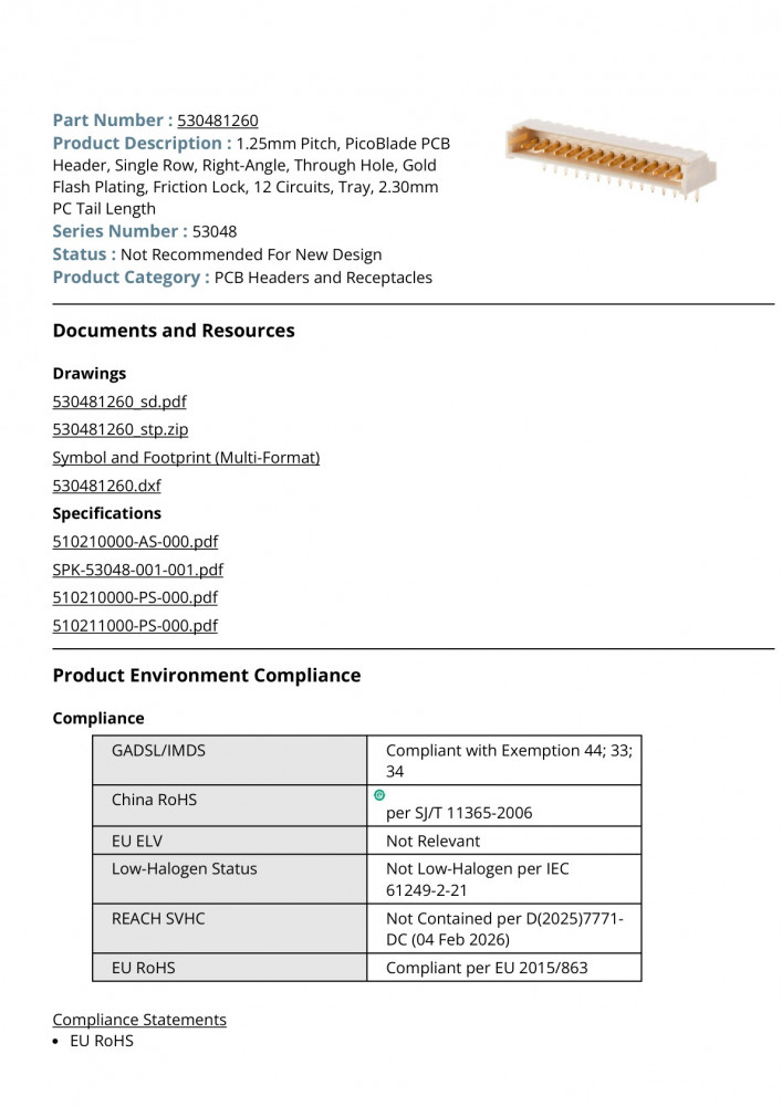 MOLEX 530481260 technical document page 1