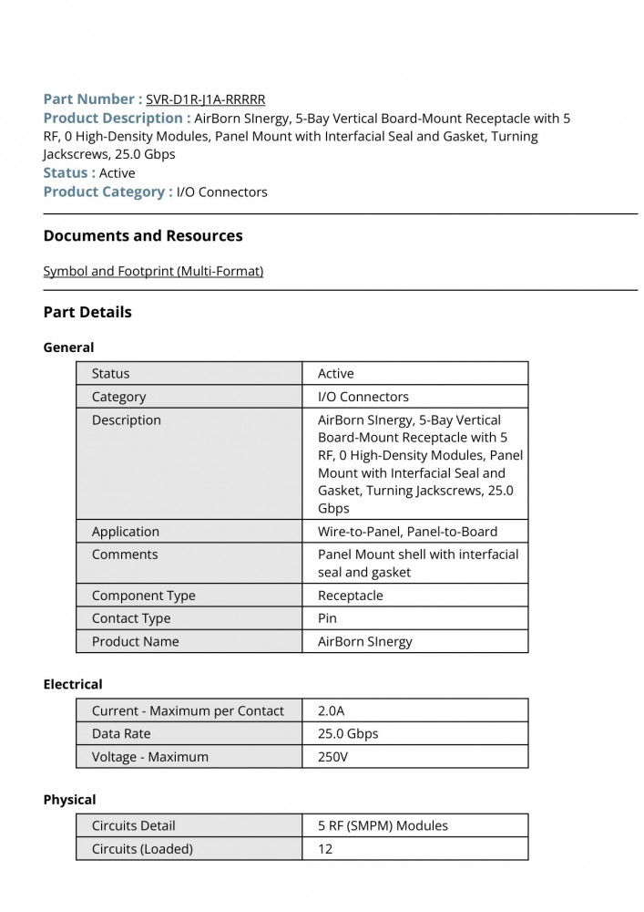 Technical document page 1 for SVR-D1R-J1A-RRRRR