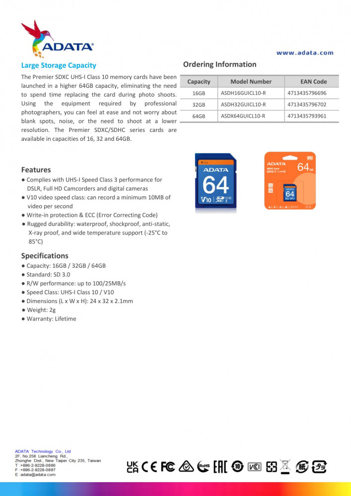 ADATA Premier SDXC/SDHC UHS-I Class 10 product document, page 2